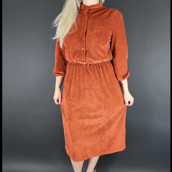 Vintage | Dresses | 7s80s Burnt Orange Terry Cloth Shirtwaist Dress ...